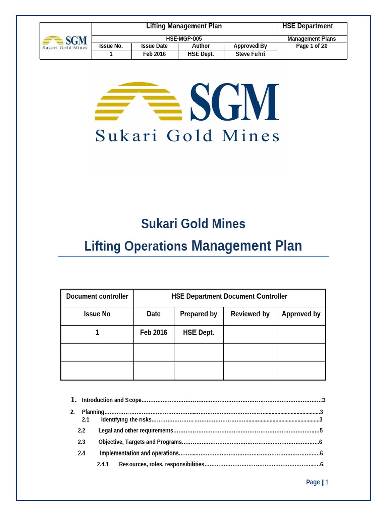 HSE-MGP-005 SGM Lifting Management Plan | PDF | Crane (Machine) | Personal Protective Equipment