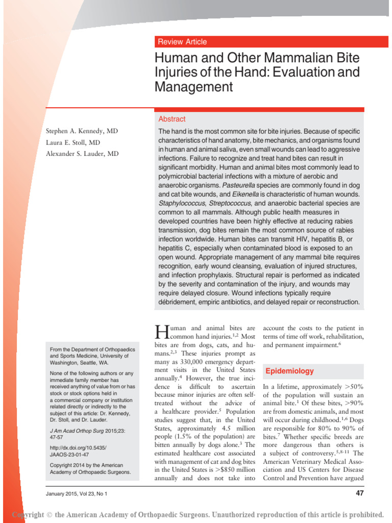 AAOS - Human and Other Mammalian Bite Injuries of The Hand - Evaluation ...