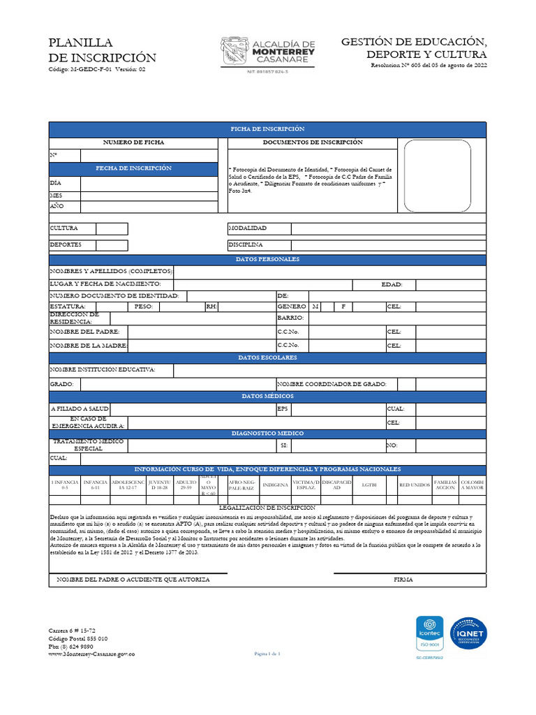 M-GEDC-F-01 Planilla de Inscripción | PDF