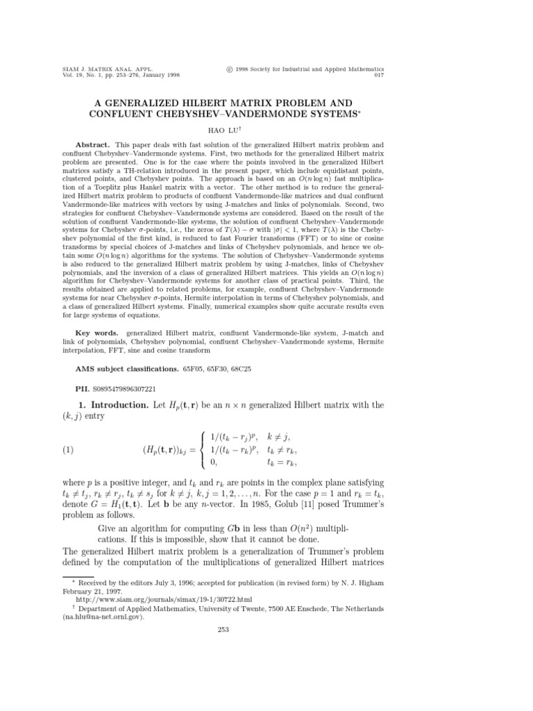 A Generalized Hilbert Matrix Problem and Confluent Chebyshev--Vandermonde Systems | PDF | Matrix ...