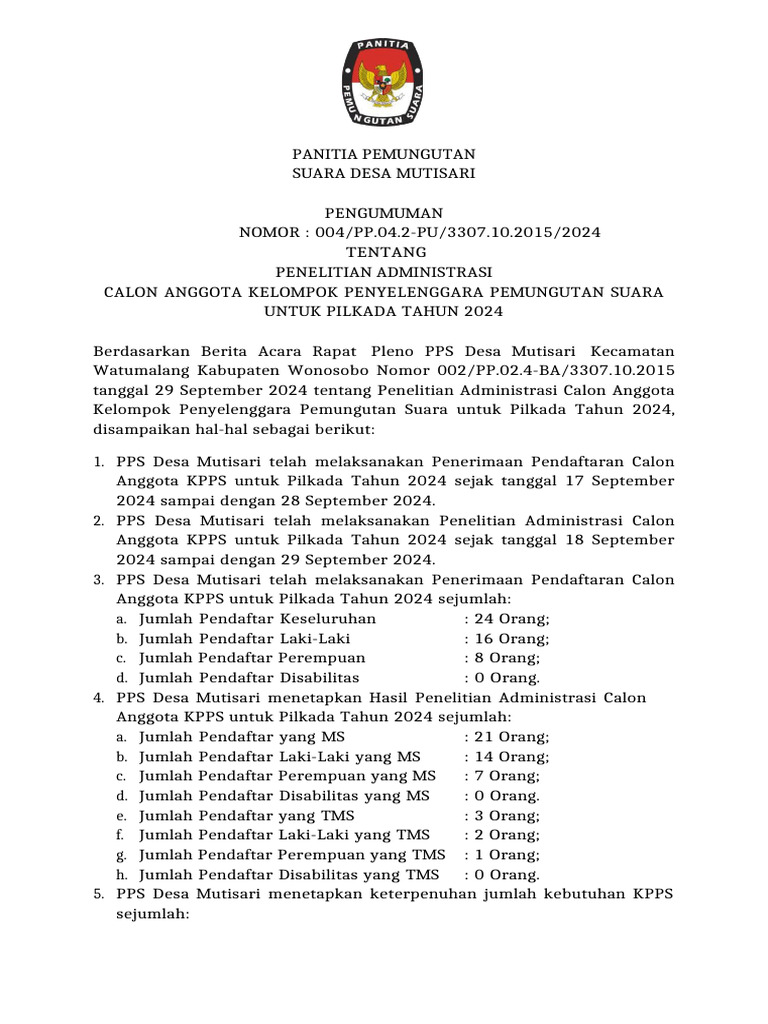 Pengumuman PPS Penelitian Administrasi KPPS Desa Mutisari | PDF