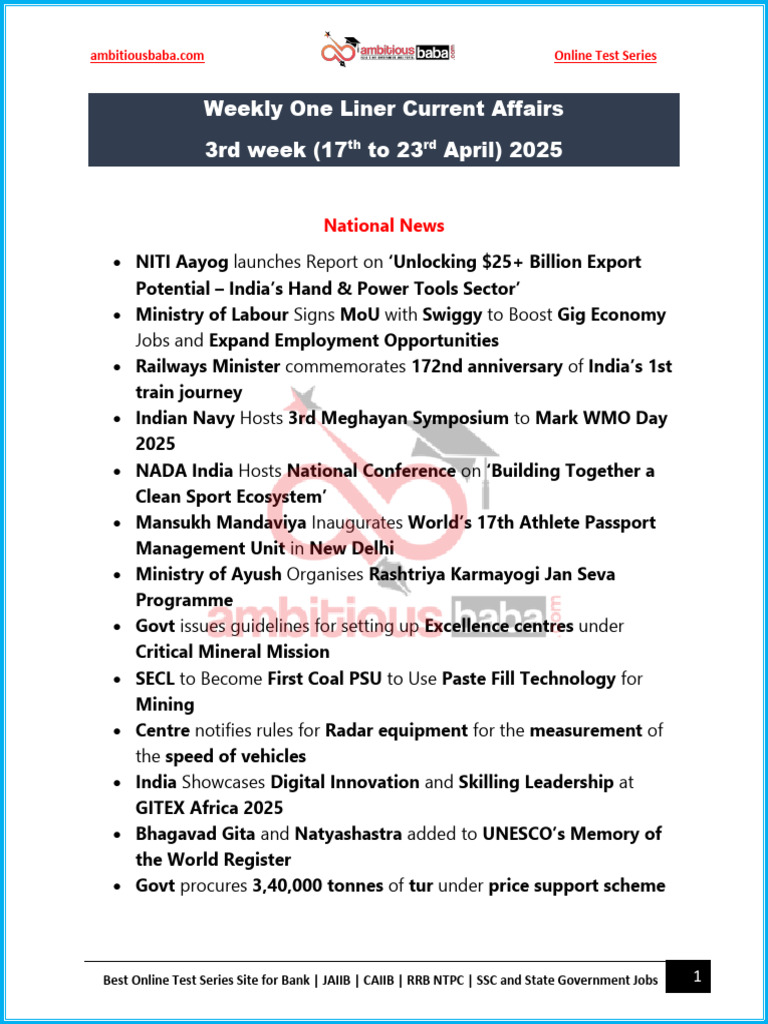 One Liner 3rd Week 17th April 23rd April AB | PDF