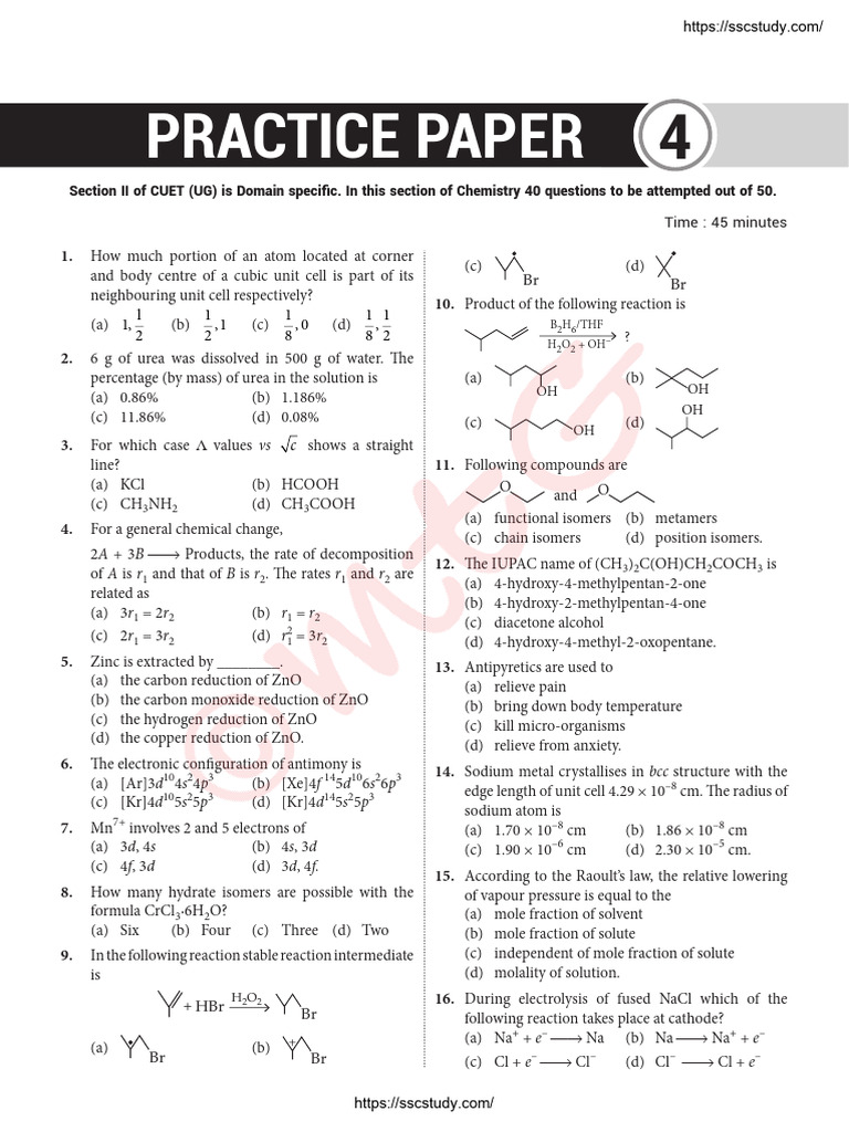 CUET Science Stream Chemistry Practice Paper | PDF | Coordination Complex | Hydroxide