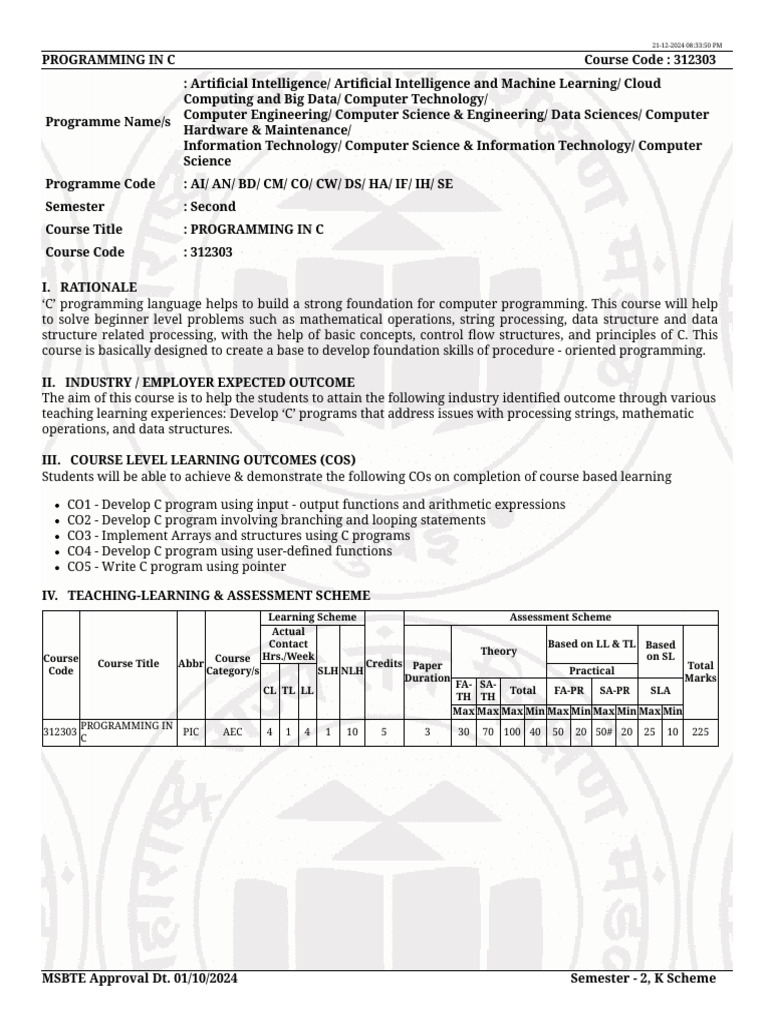 312303-Programming in C | PDF | Pointer (Computer Programming) | Control Flow