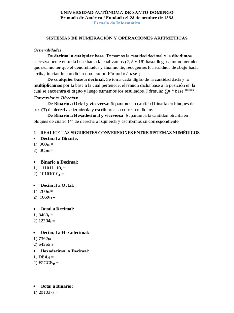 3-2 Ejercicios Conversiones y Operaciones Numericas | PDF