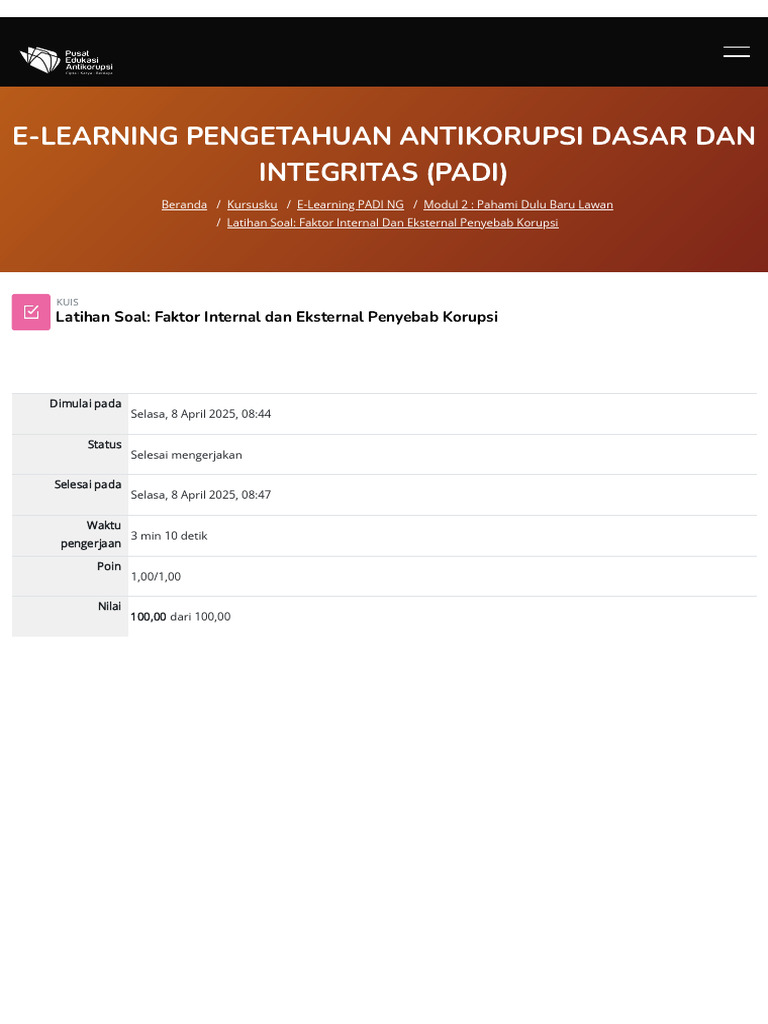 Latihan Soal - Faktor Internal Dan Eksternal Penyebab Korupsi - Reviu Pengerjaan Kuis ...