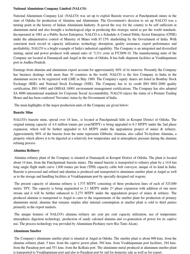 National Aluminium Company Limited (NALCO) | PDF | Aluminium Oxide ...