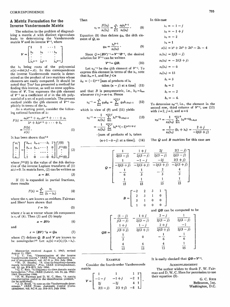 A matrix formulation for the inverse Vandermonde matrix | PDF | Matrix (Mathematics ...