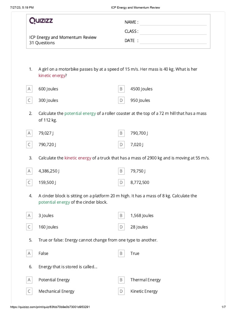 ICP Energy and Momentum Review | PDF | Momentum | Kinetic Energy