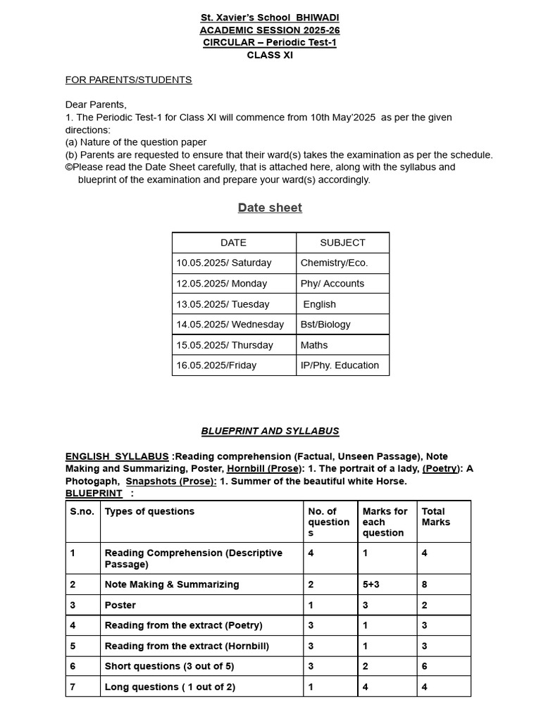 Class XIA Blueprint and Syllabus For PT-1 | PDF