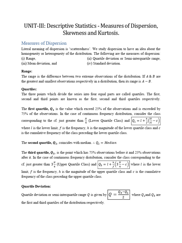 Measures of Dispersion, Skewness & Kurtosis | PDF | Skewness | Mean