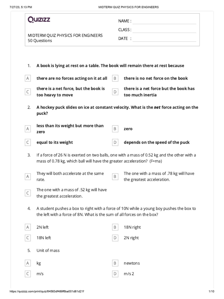 Midterm Quiz Physics For Engineers | PDF | Force | Mass