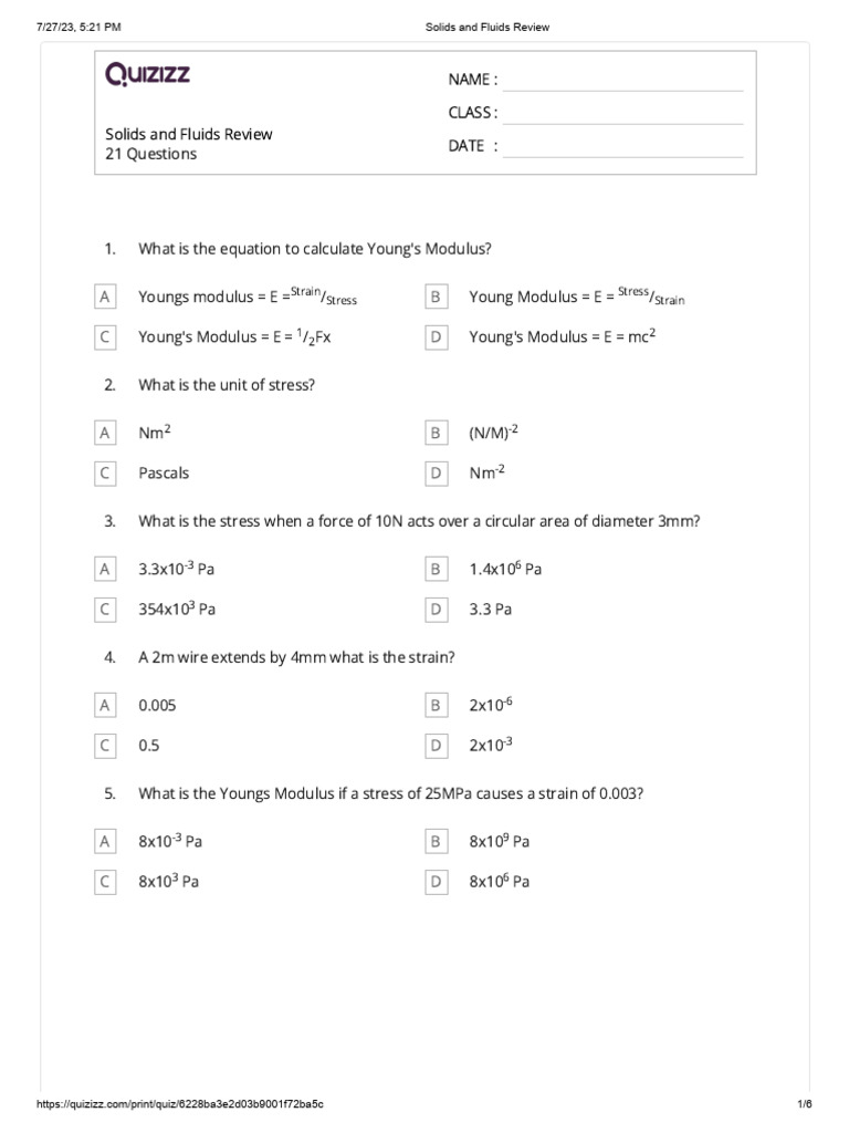 Solids and Fluids Quiz Review | PDF | Buoyancy | Pressure