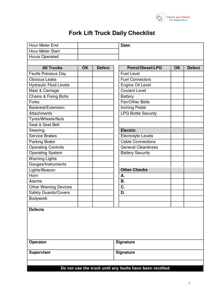 Forklift Daily Inspection Checklist | PDF | Tire | Truck