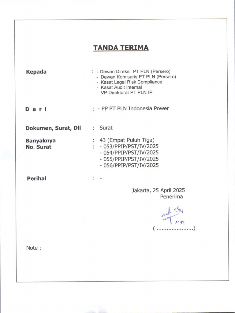 Tanda Terima Surat 053, 054, 055,056 | PDF