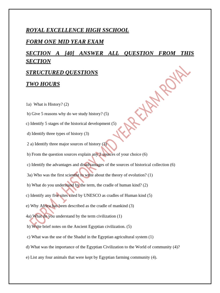Form One History Mid-Year Exam Guide | PDF | Ancient Egypt | Africa