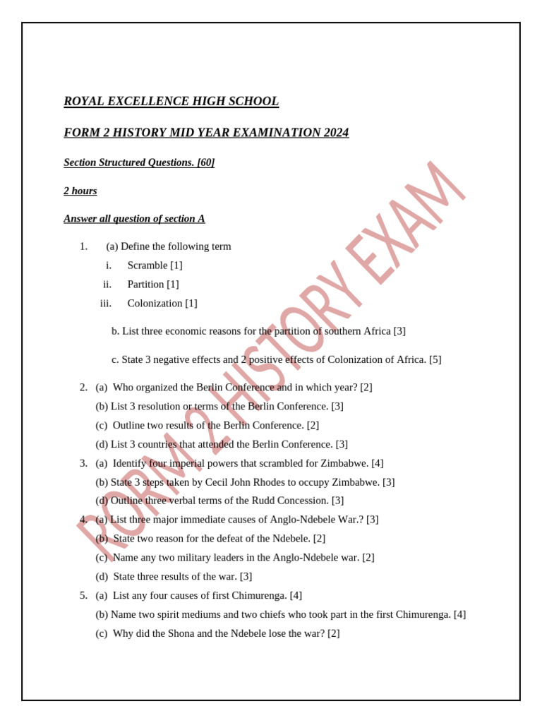 Form 2 History Mid Year Examination 2024 | PDF | Zimbabwe | Africa
