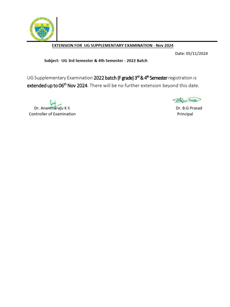Extension For UG Supplementary Examination 2022 Batch F Grade 3rd 4th Semester Registration Nov ...
