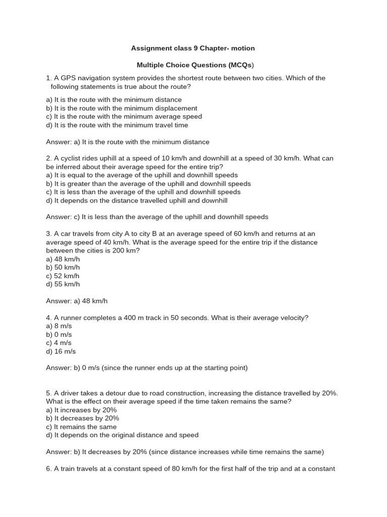 Assignment Class 9 Chapter-Motion Multiple Choice Questions (Mcqs | PDF | Acceleration | Speed