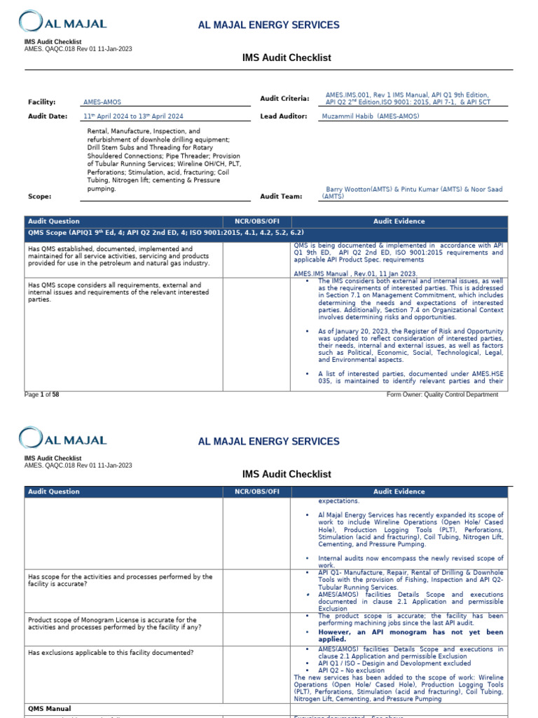IMS Audit Checklist-2024 AMES | PDF | Quality Management System ...