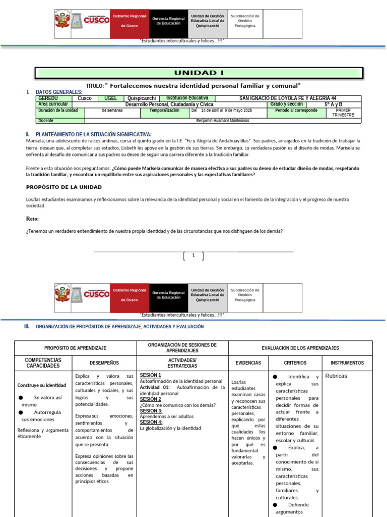 5° I UNIDAD DPCC - 2025 | PDF | Aprendizaje | Adultos