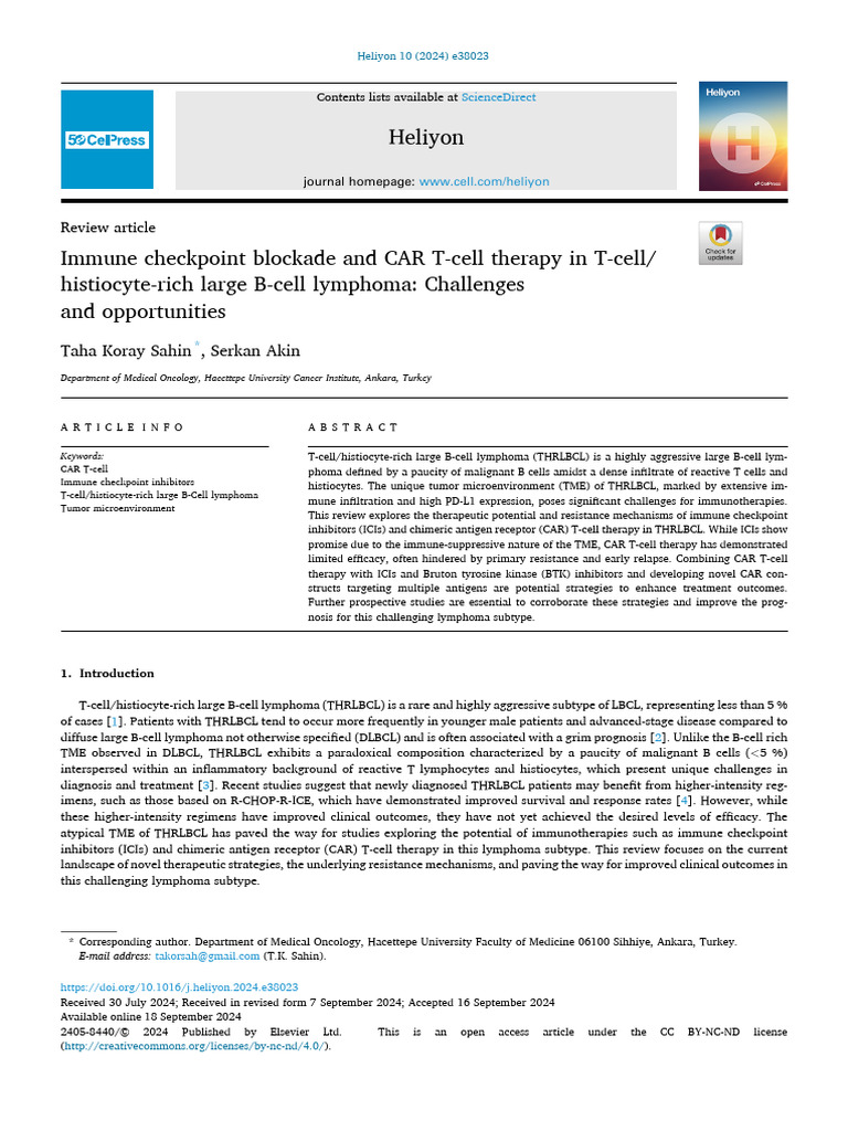 Immune Checkpoint Blockade and CAR T Cell Therapy in T Cell Histioc 2024 Hel | PDF | Lymphoma ...