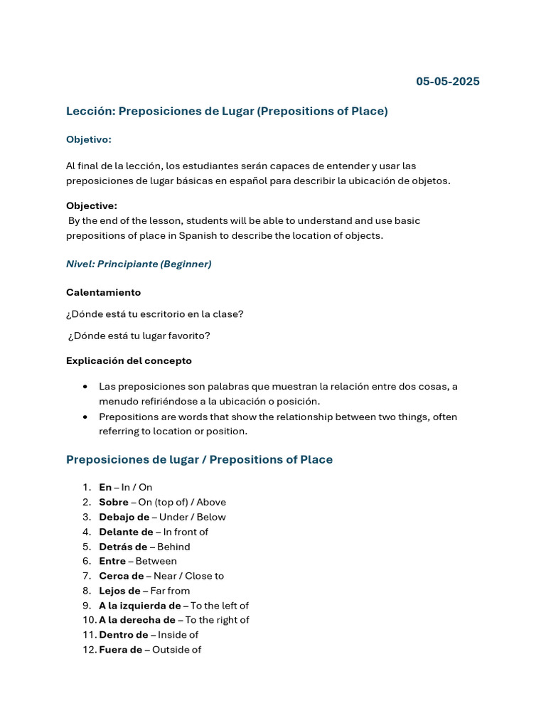 Preposiciones de Lugar en Español | PDF