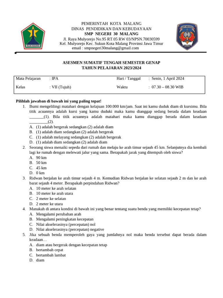 Salinan NASKAH SOAL - ASTS - KELAS - 7 - GENAP - IPA - 2024 | PDF