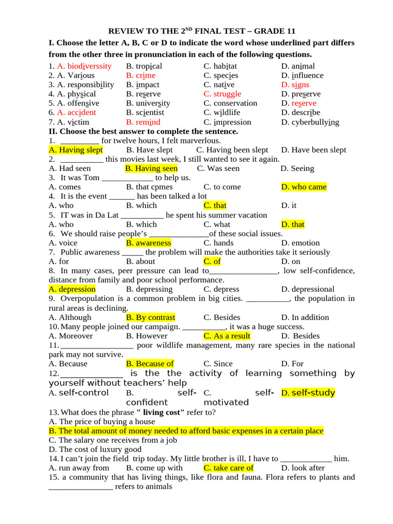 Grade 11 Final Test Review Guide | PDF