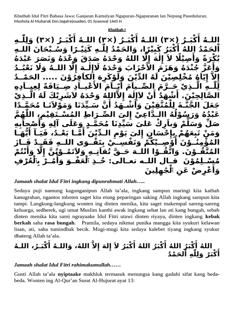 Kumpulan Khutbah Idul Fitri & Adha Bhs - Jawa | PDF