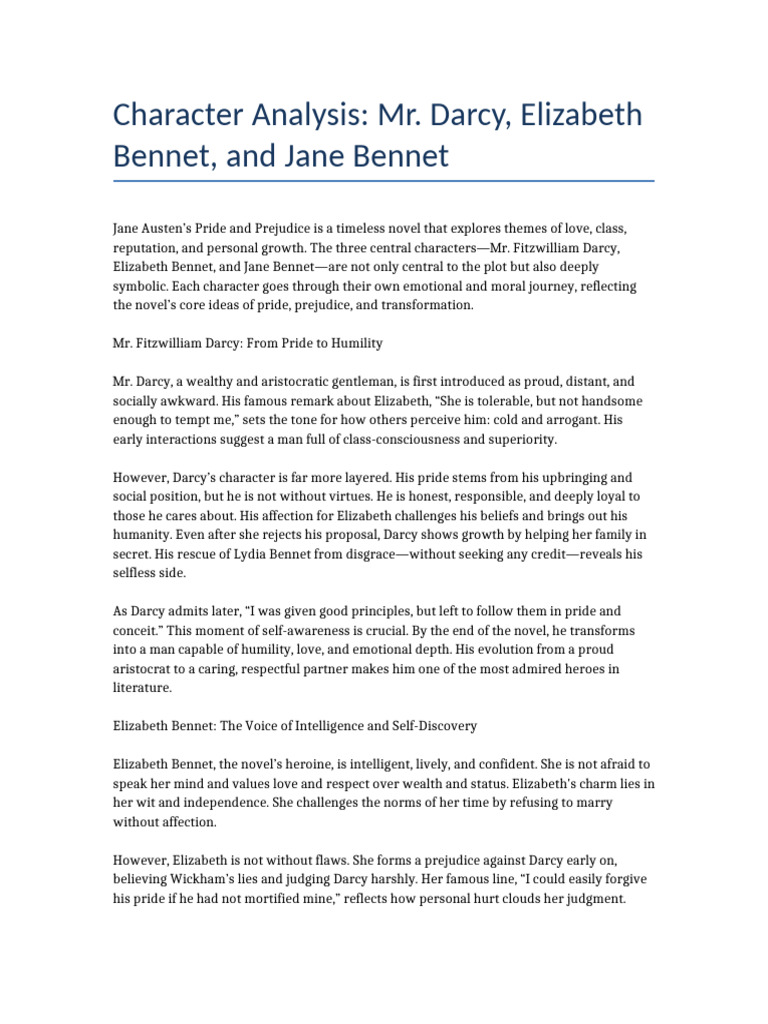 Character Analysis Pride and Prejudice | PDF | Mr. Darcy | Pride And ...