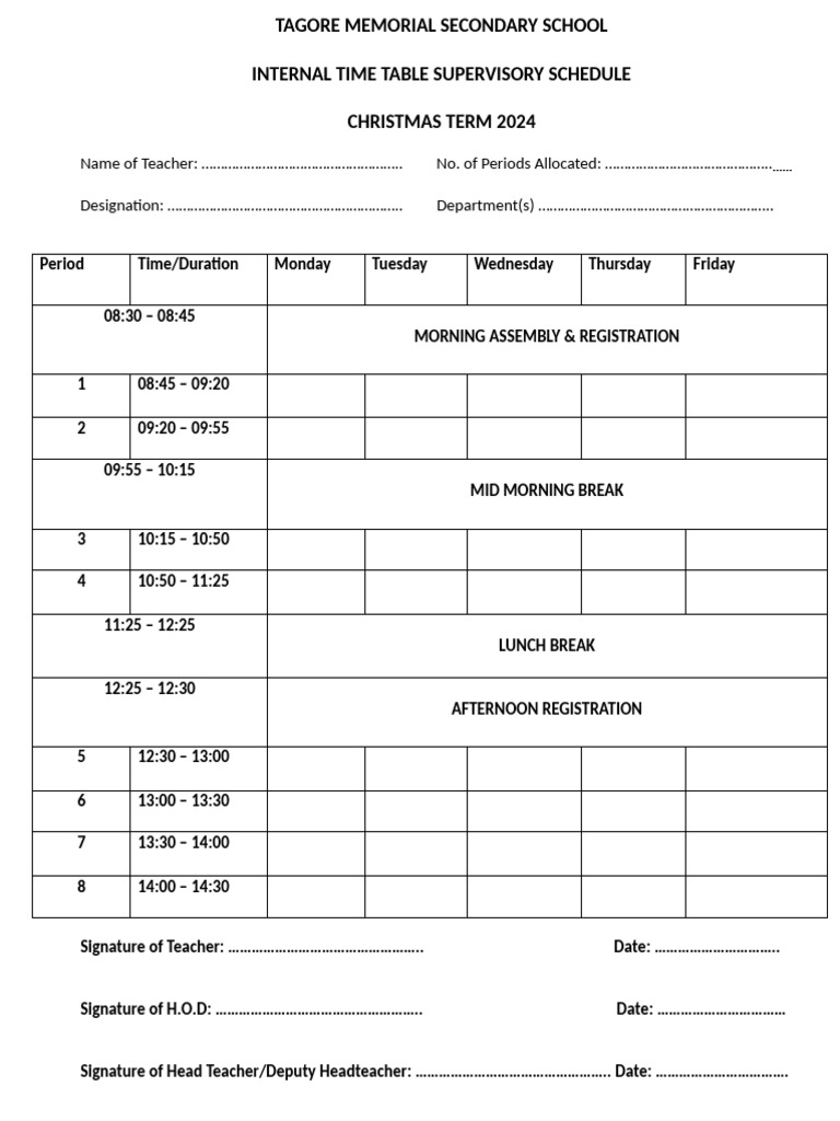 Tagore School Christmas Term Timetable | PDF