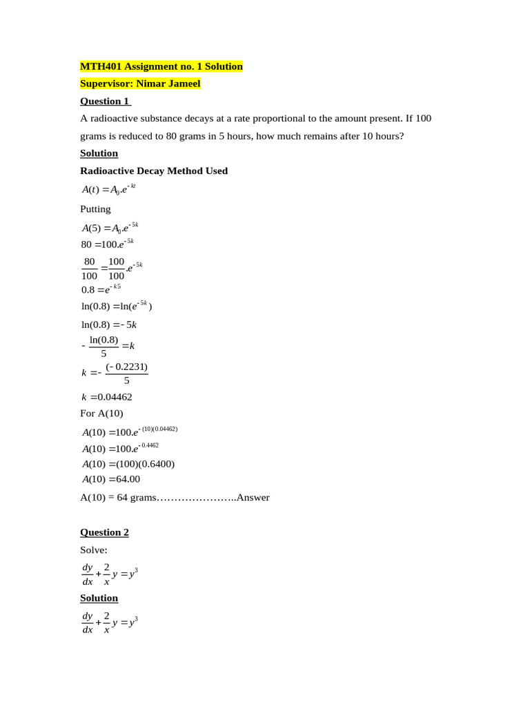 MTH401 - Assignmnet No. 1 - Solution - Supervisor Nimra Jameel | PDF | Algebra | Mathematical ...