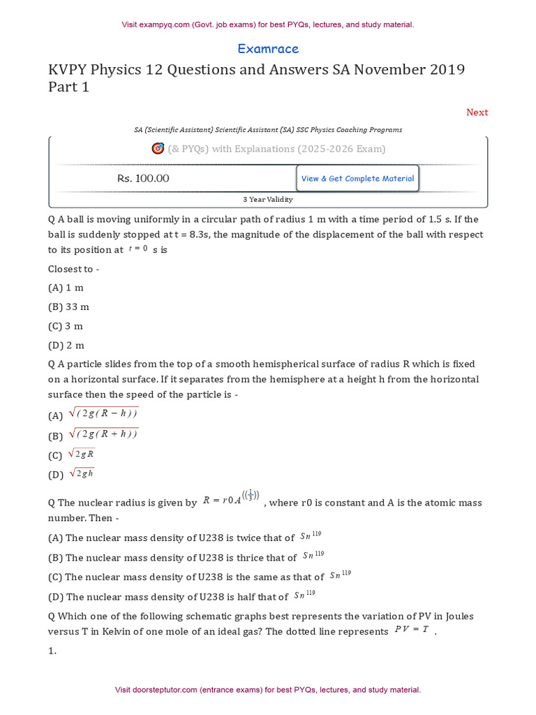 KVPY Stream SA Paper 2019 Physics Part 1 | PDF | Reflection (Physics ...