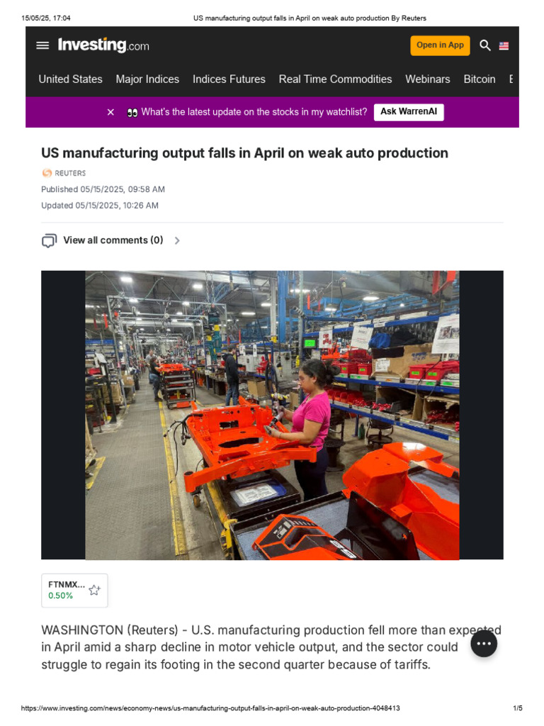 US Manufacturing Output Falls in April On Weak Auto Production by | PDF ...