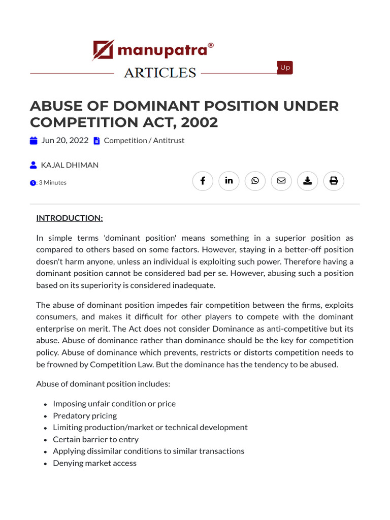 Abuse of Dominant Position in Competition Act | PDF | Competition Law ...