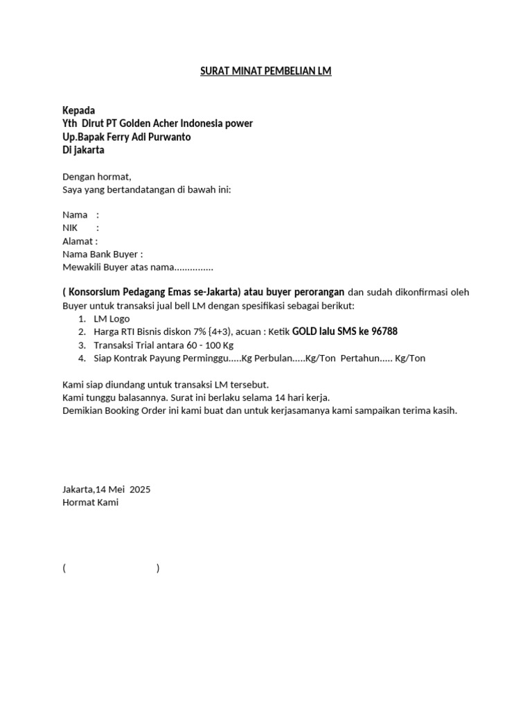 Surat Minat Pembelian Logam Mulia | PDF