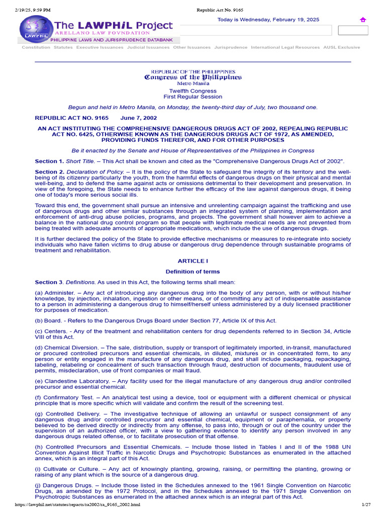 Republic Act No. 9165 - Comprehensive Dangerous Drug Act of 2002 | PDF | Narcotic | Opium