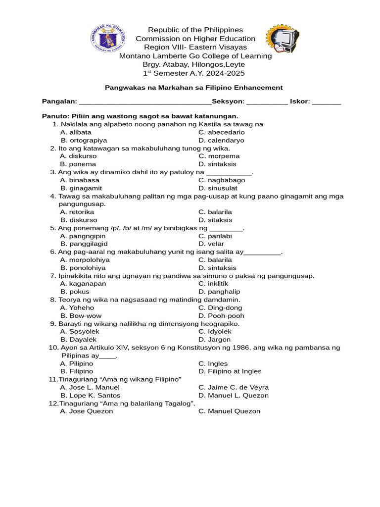 Set B Filipino Enhance Let Questionnaire 1 | PDF