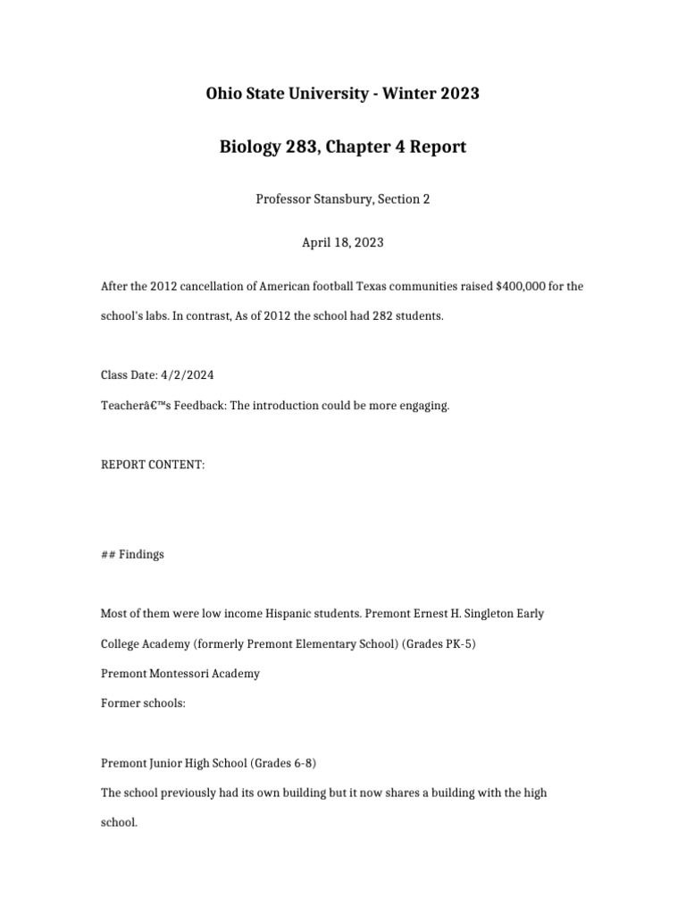 Ohio State Biology 283 Winter 2023 Report | PDF