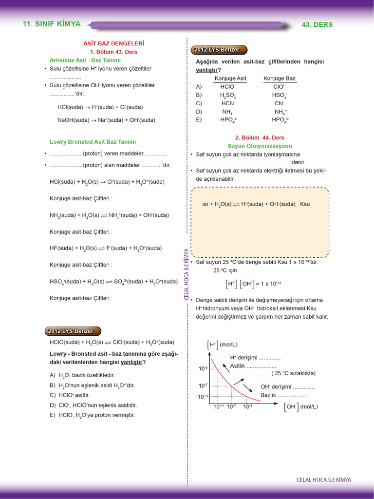 Sınıf Kimya 42. - 48. Ders 5. Ünite Asit Baz Dengeleri | PDF