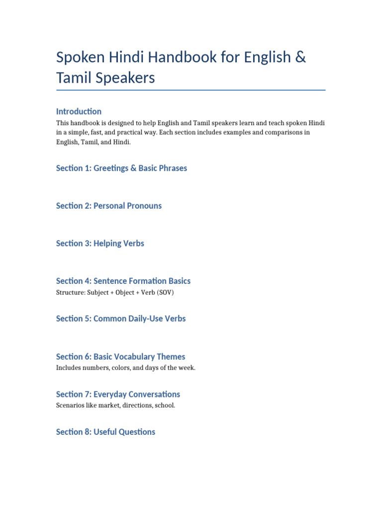 Spoken Hindi Handbook for Beginners | PDF