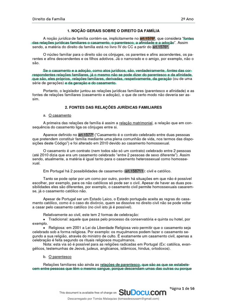 DF Resumos Sobre Direito Da Familia Baseados No Livro Do Guilherme de Oliveira | PDF ...