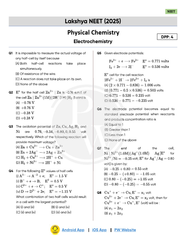 Electrochemistry DPP 04 of Lecture 06 Lakshya NEET 2025 | PDF