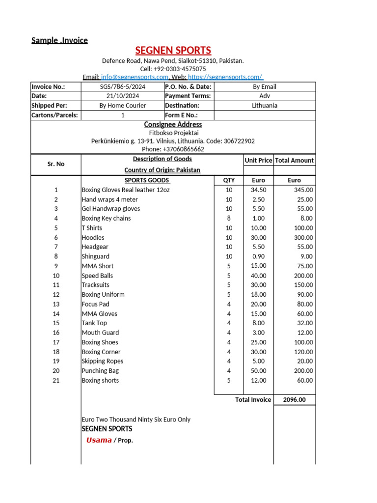 Sample Invoice Segnen Sports | PDF | Blood Sports
