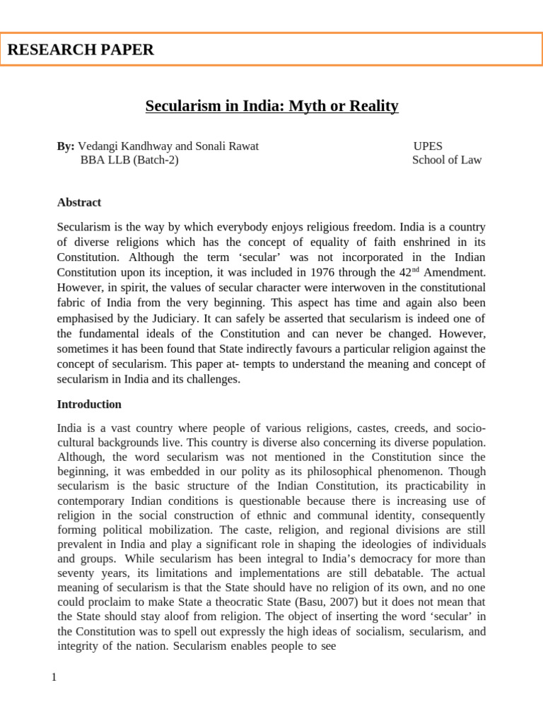 Research Paper Constitution Secularism Myth or Reality in India | PDF ...