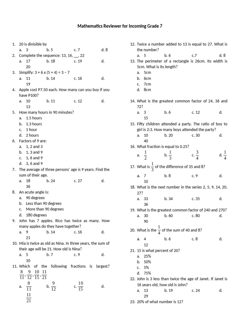 Mathematics Reviewer For Incoming Grade 7 | PDF | Euclid | Elementary ...