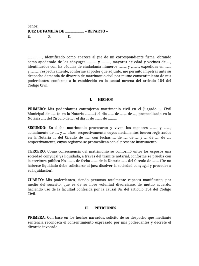 Demanda de Divorcio de Matrimonio Civil Por Mutuo Acuerdo | PDF | Divorcio | Propiedad de la ...