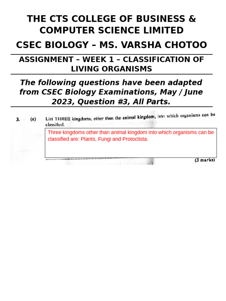 CSEC Biology Week 1 Assignment Classification of Organisms | PDF