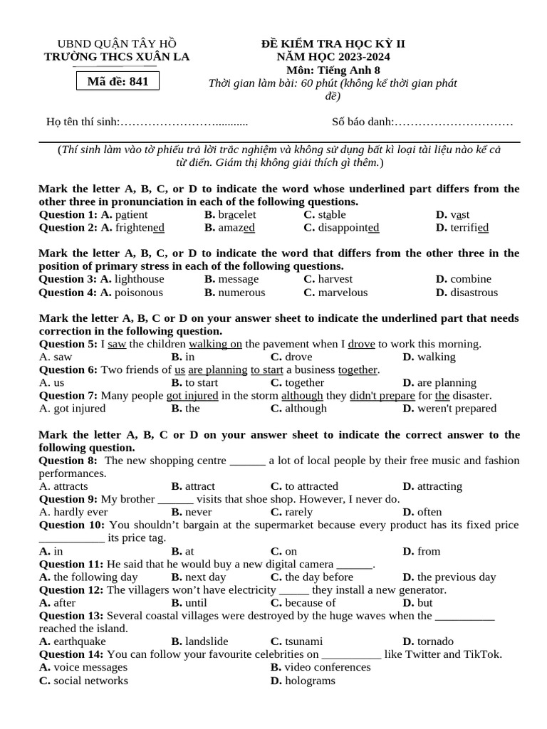 Anh 8-HK2 (23-24) ĐỀ THI | PDF | Wildfire | Fires
